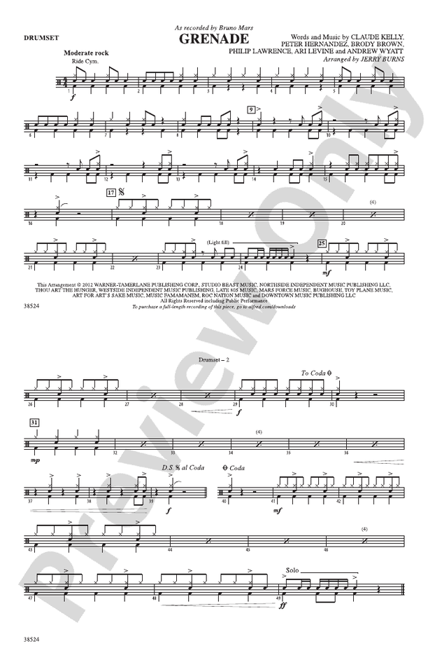 Grenade: Drumset: Drumset Part - Digital Sheet Music Download