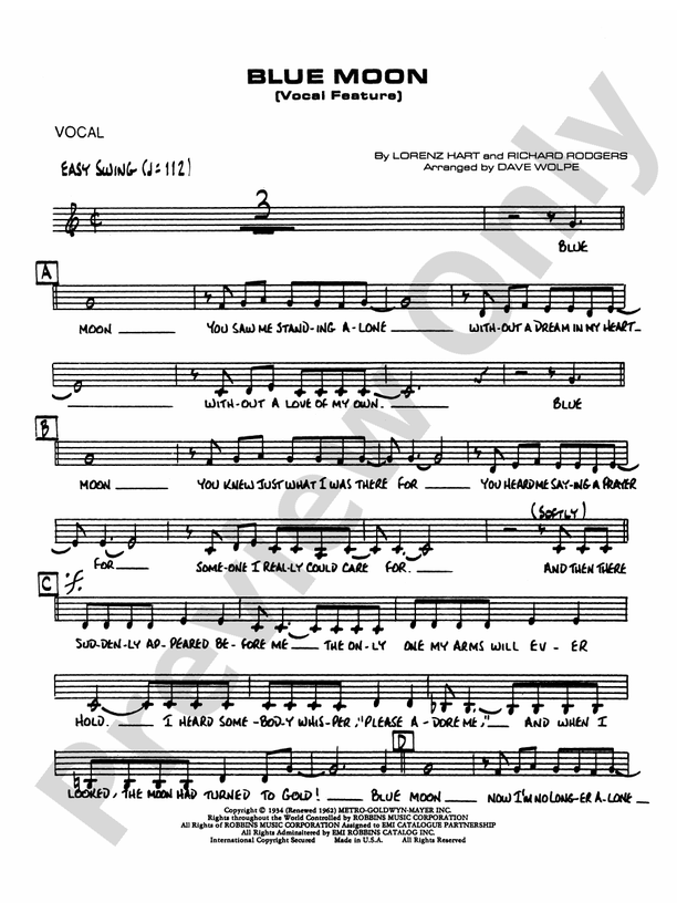 Blue Moon: Vocal Solo: Vocal Solo Part - Digital Sheet Music Download