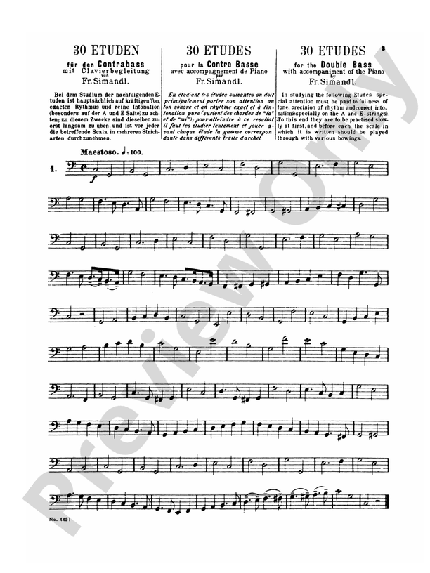 Simandl: Thirty Etudes for Double Bass: String Bass Book: Franz Simandl ...
