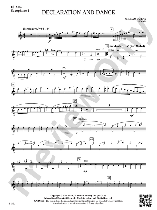 Declaration and Dance: E-flat Alto Saxophone 1: E-flat Alto Saxophone 1 Part: William Owens ...