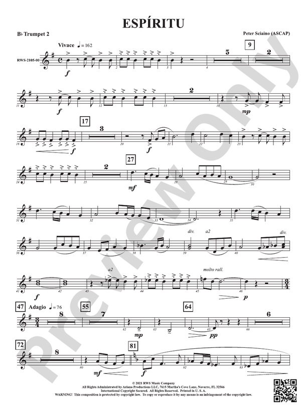 Espiritu: 2nd B-flat Trumpet: 2nd B-flat Trumpet Part: Peter Sciaino - Digital Sheet Music Download