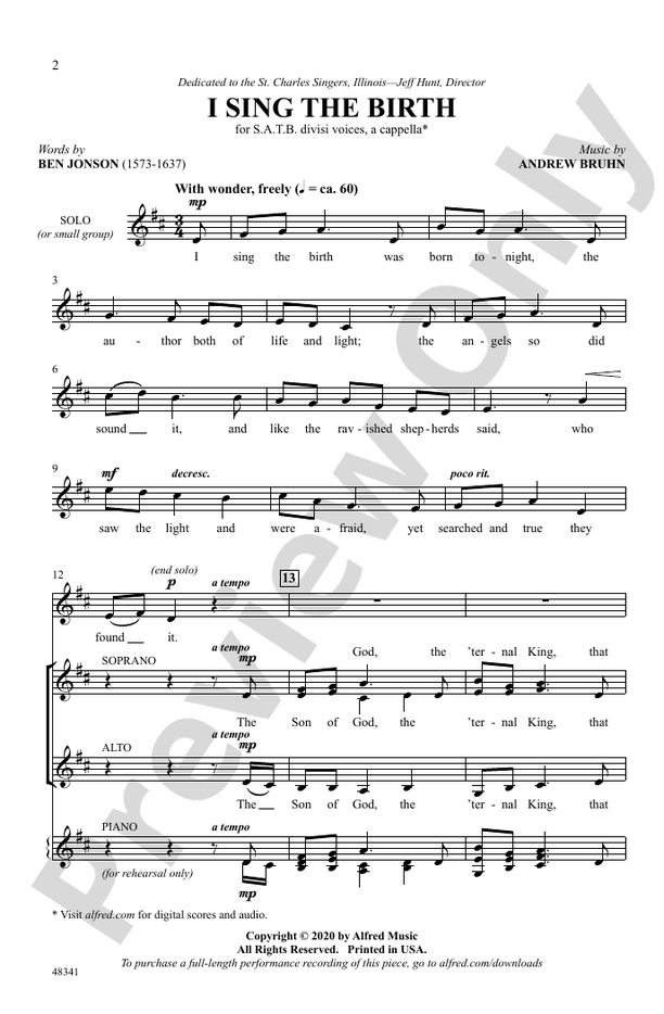 I Sing the Birth: SATB divisi a cappella Choral Octavo: Ben Jonson - Digital Sheet Music Download