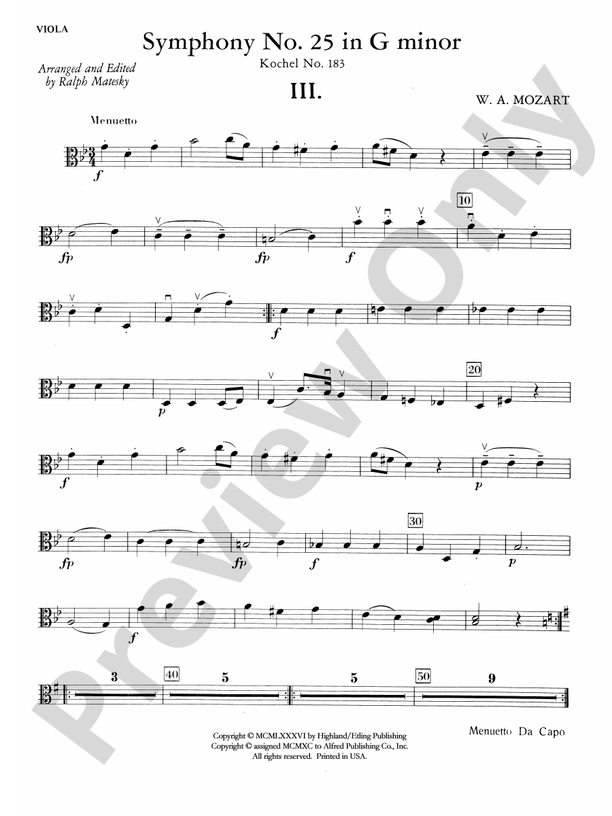 Mozart's Symphony No. 25 in G Minor, 3rd & 4th Movements: Viola: Viola ...