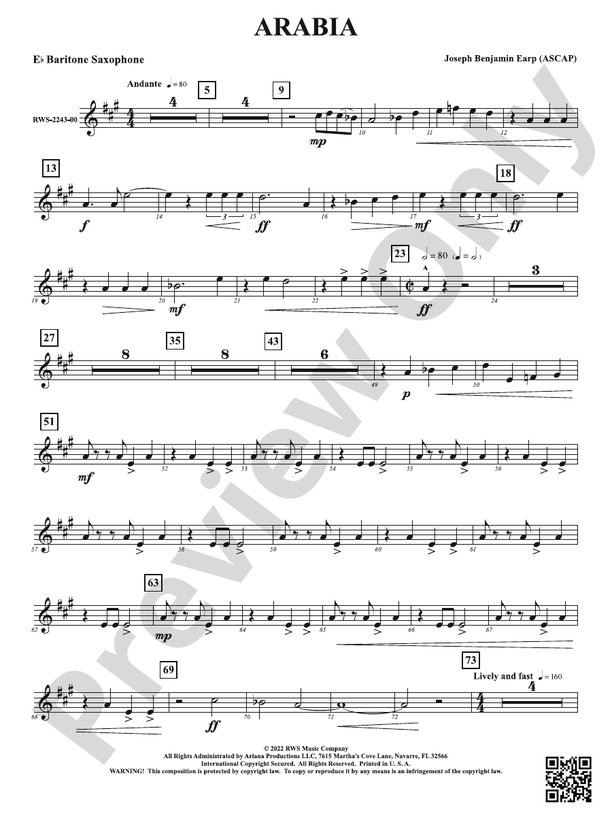 Arabia: E-flat Baritone Saxophone: E-flat Baritone Saxophone Part: Joseph Benjamin Earp ...
