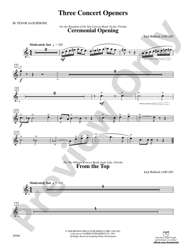 Three Concert Openers B Flat Tenor Saxophone B Flat Tenor Saxophone