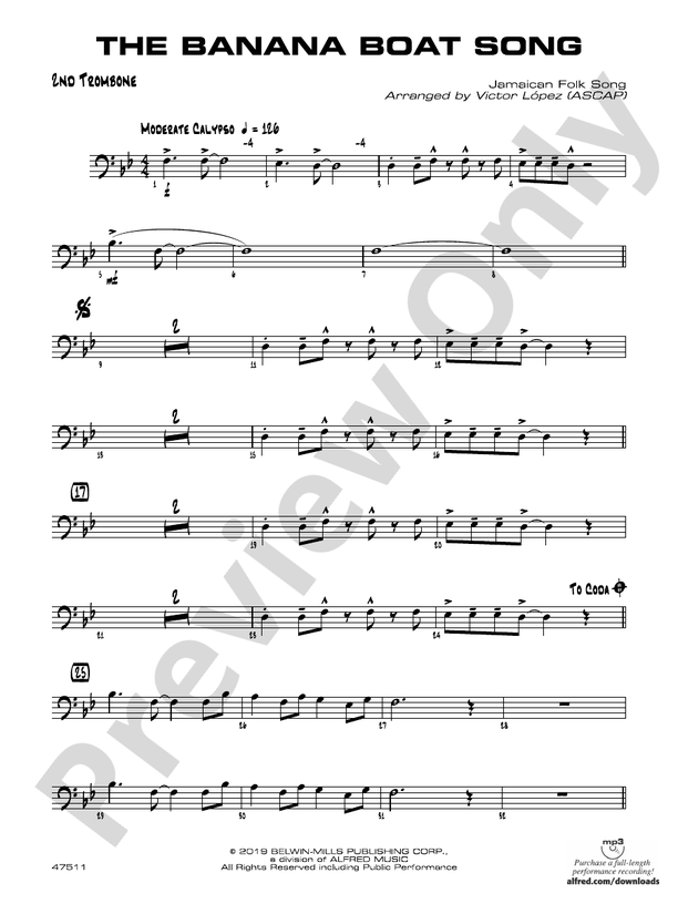 The Banana Boat Song: 2nd Trombone: 2nd Trombone Part - Digital Sheet ...