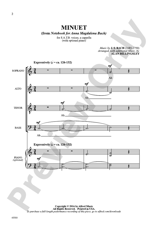 Minuet: SATB, Opt. a cappella Choral Octavo: J.S. Bach - Digital Sheet Music Download