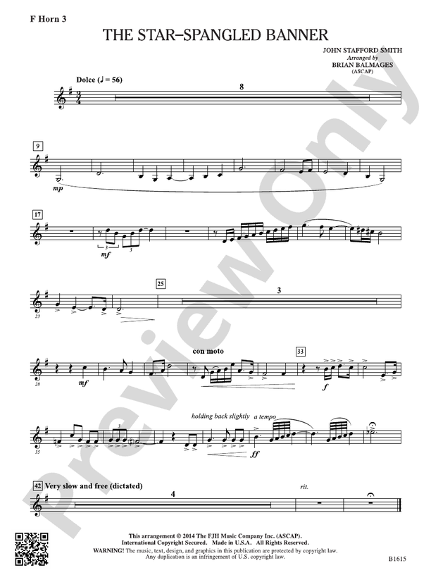 The Star-Spangled Banner: F Horn 3: F Horn 3 Part: John Stafford Smith ...
