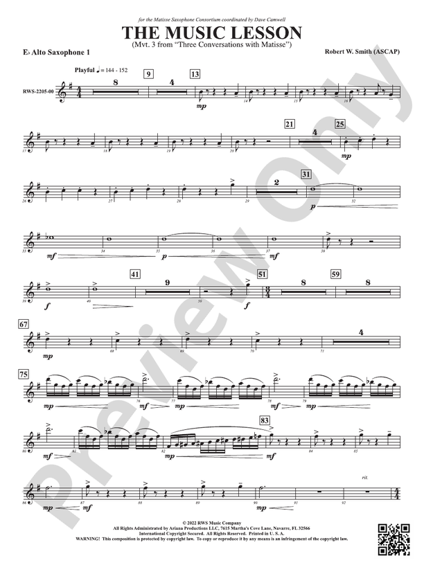 The Music Lesson - Mvt. 3 from Three Conversations with Matisse: 1st E-flat Alto Saxophone: 1st ...