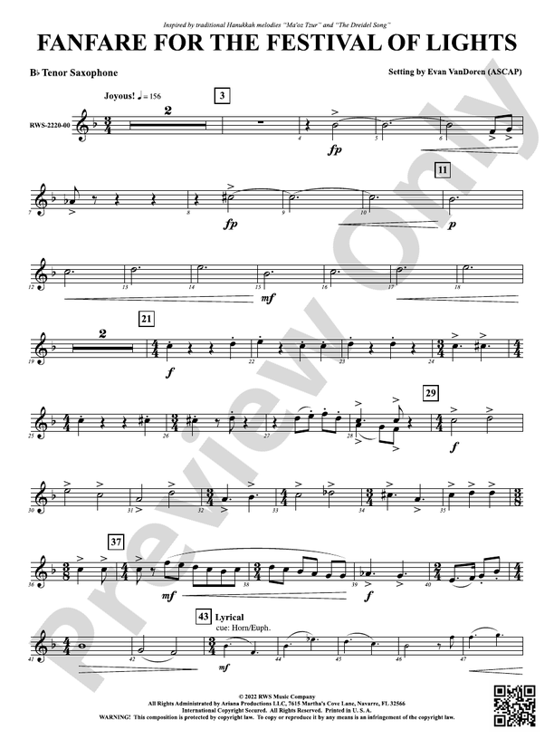 Fanfare for the Festival of Lights: B-flat Tenor Saxophone: B-flat Tenor Saxophone Part: Evan ...