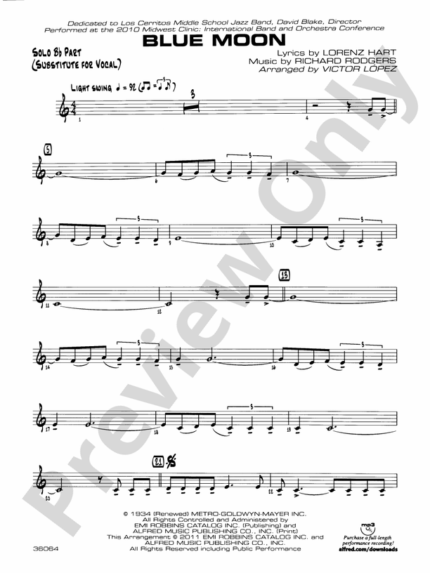 Blue Moon: Solo Bb Part (Substitute for Vocal): Solo Bb Part ...