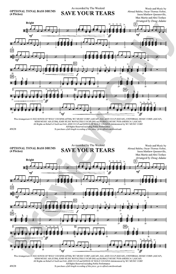 Save Your Tears: Tonal Bass Drum: Tonal Bass Drum Part - Digital Sheet ...