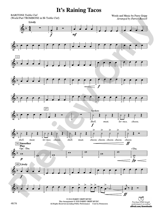 It's Raining Tacos: Baritone T.C.: Baritone T.C. Part - Digital Sheet ...