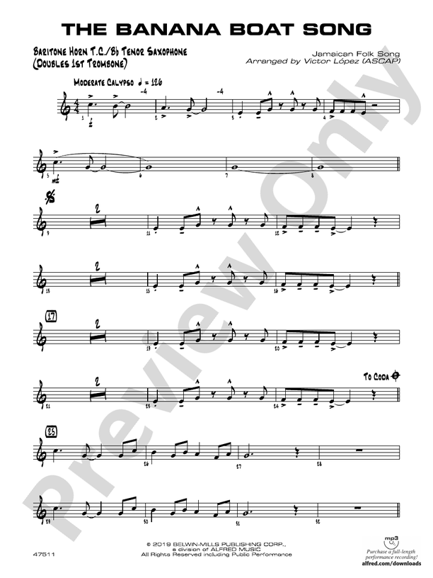 The Banana Boat Song: Baritone T.C.: Baritone T.C. Part - Digital Sheet ...