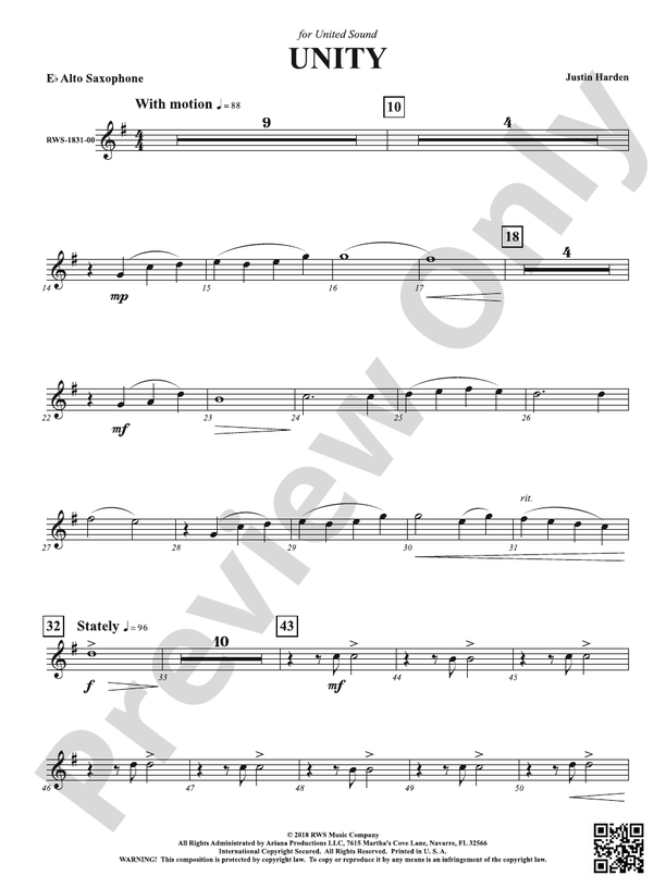 Unity: 1st E-flat Alto Saxophone: 1st E-flat Alto Saxophone Part: Justin Harden - Digital Sheet ...