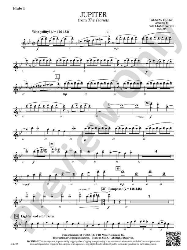 Jupiter (from The Planets): Flute 1: Flute 1 Part: Gustav Holst ...