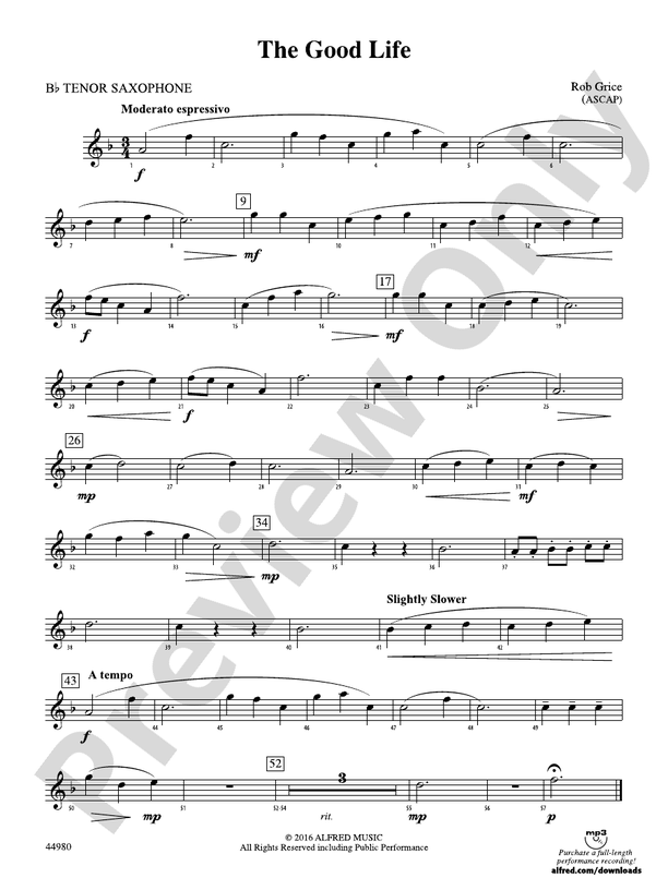 The Good Life: B-flat Tenor Saxophone: B-flat Tenor Saxophone Part - Digital Sheet Music Download