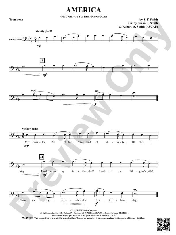 America: My Country 'Tis of Thee - Melody Mine: 1st Trombone: 1st ...