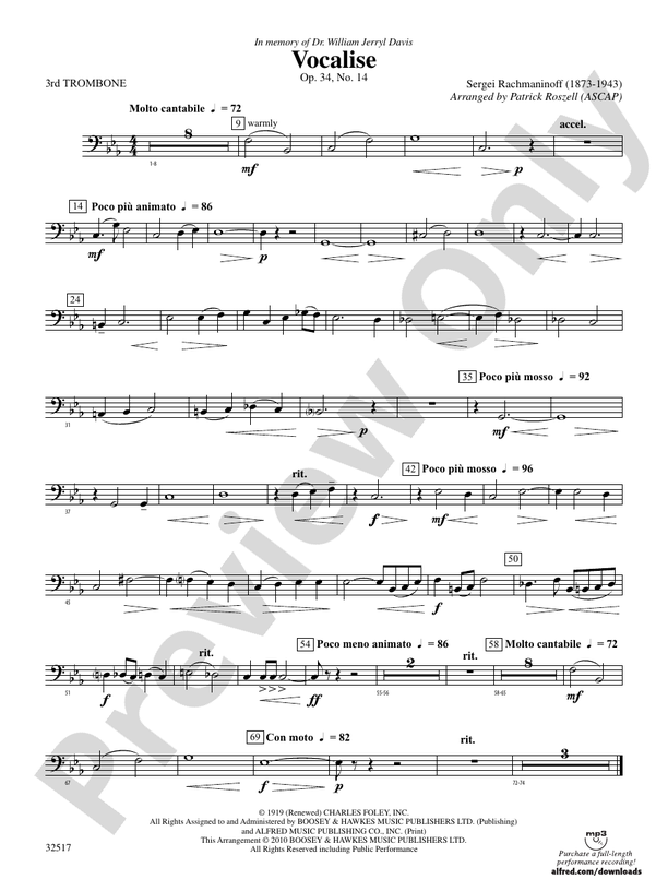 Vocalise, Op. 34, No. 14: 3rd Trombone: 3rd Trombone Part - Digital ...