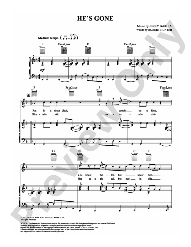 He's Gone: Piano/Vocal/Chords: Grateful Dead - Digital Sheet Music Download