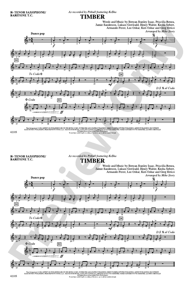 Timber: Bb Tenor Saxophone/Bartione Treble Clef: Bb Tenor Saxophone ...