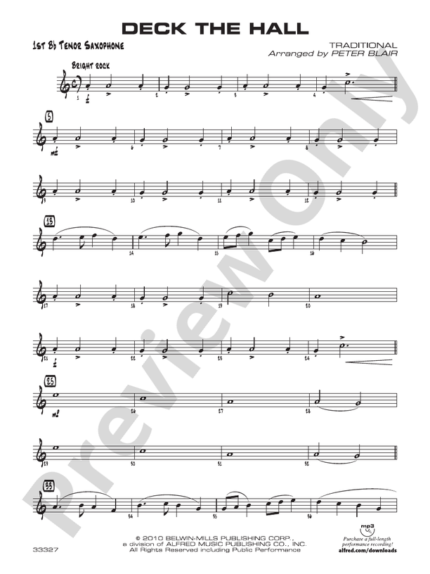 Deck the Hall: B-flat Tenor Saxophone: B-flat Tenor Saxophone Part - Digital Sheet Music Download