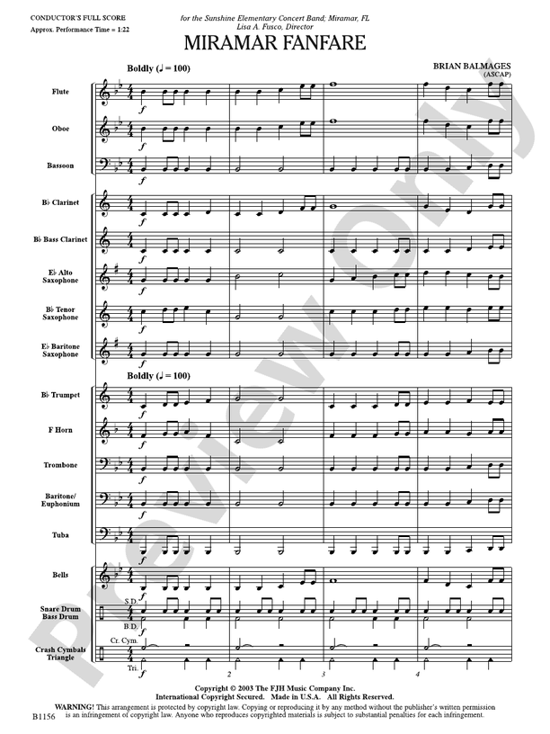 Miramar Fanfare: Concert Band Conductor Score & Parts: Brian Balmages ...
