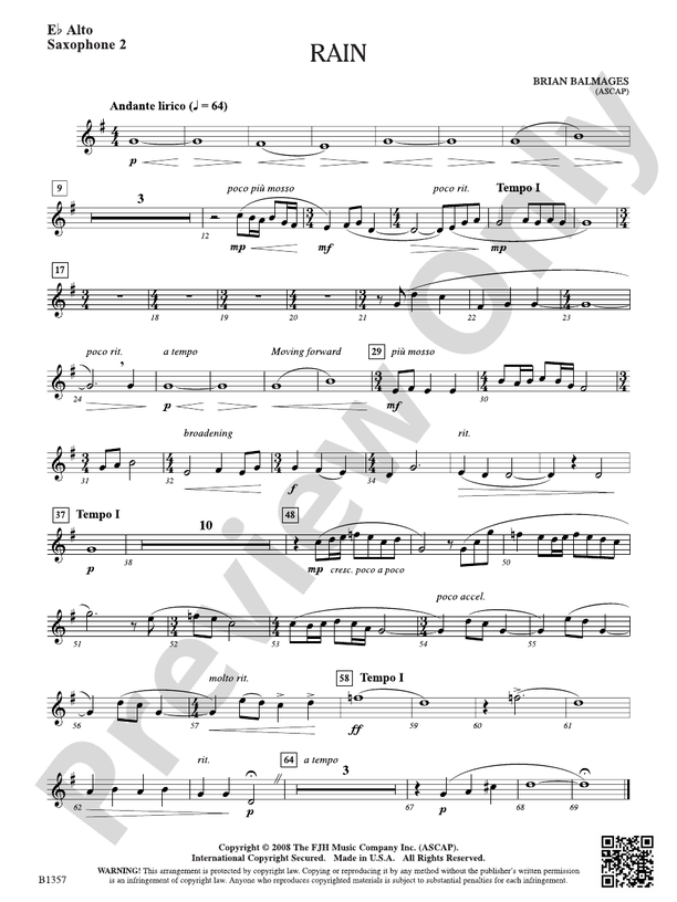 Rain: E-flat Alto Saxophone 2: E-flat Alto Saxophone 2 Part: Brian Balmages - Digital Sheet ...