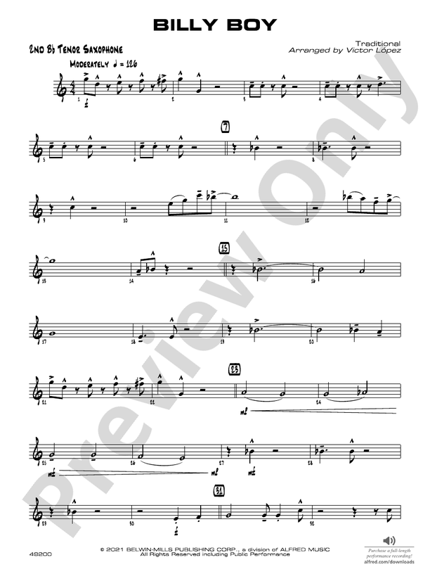 Billy Boy: 2nd B-flat Tenor Saxophone: 2nd B-flat Tenor Saxophone Part - Digital Sheet Music ...
