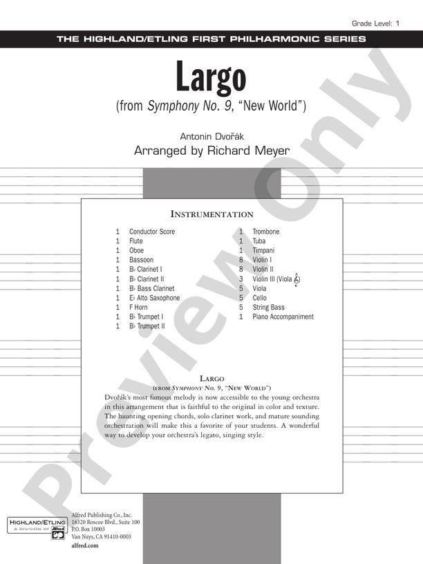 Largo from Symphony No. 9, "New World": Score: Full Orchestra Score ...