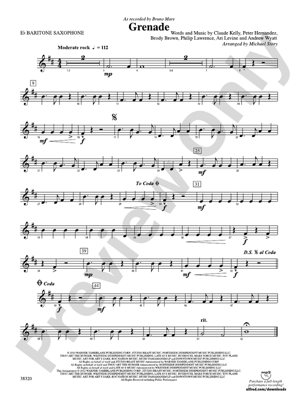 Grenade: E-flat Baritone Saxophone: E-flat Baritone Saxophone Part - Digital Sheet Music Download
