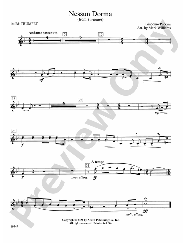 Nessun Dorma: 1st B-flat Trumpet: 1st B-flat Trumpet Part - Digital Sheet Music Download