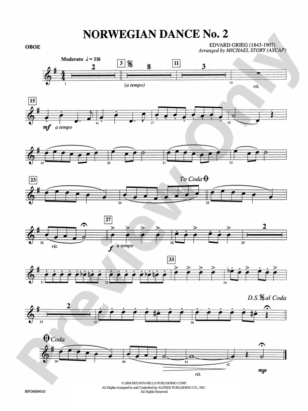 Norwegian Dance No. 2: Oboe: Oboe Part - Digital Sheet Music Download