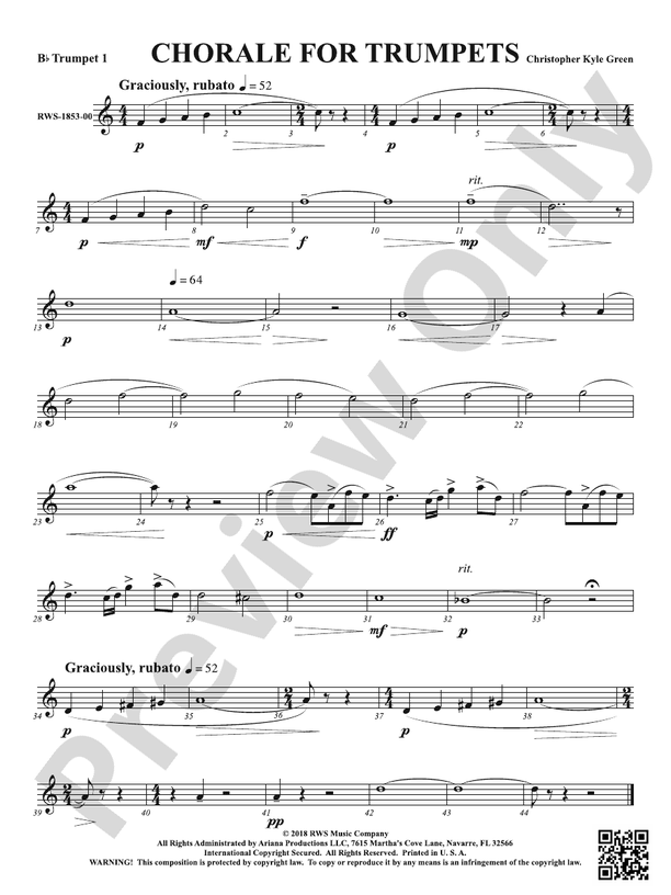 Chorale for Trumpets: 1st B-flat Trumpet: 1st B-flat Trumpet Part: Christopher Kyle Green ...