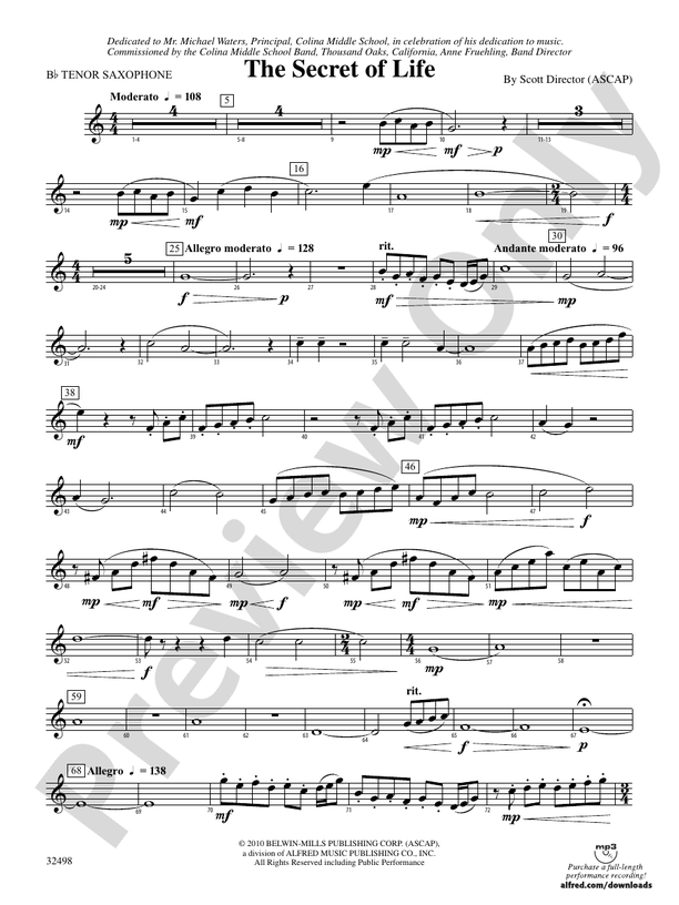 The Secret of Life: B-flat Tenor Saxophone: B-flat Tenor Saxophone Part - Digital Sheet Music ...