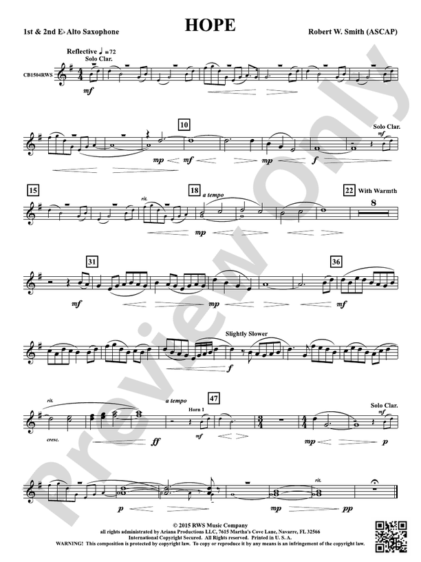Hope: 1st & 2nd E-flat Alto Saxophone: 1st & 2nd E-flat Alto Saxophone Part: Robert W. Smith ...