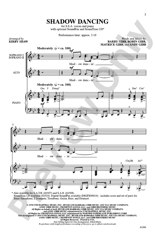 Shadow Dancing: SSA Choral Octavo: Andy Gibb - Digital Sheet Music Download