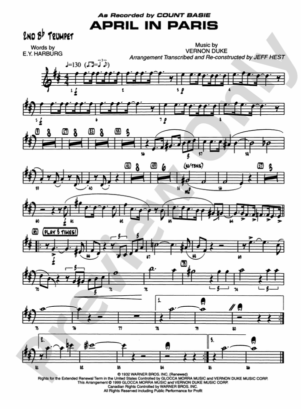 April in Paris: 2nd B-flat Trumpet: 2nd B-flat Trumpet Part - Digital Sheet Music Download