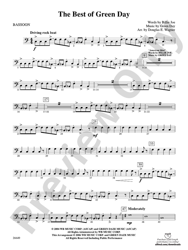 The Best of Green Day: Bassoon: Bassoon Part - Digital Sheet Music Download