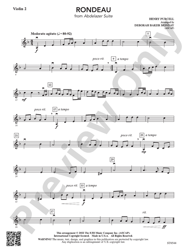 Rondeau (from Abdelazer Suite): Violin 2: Violin 2 Part: Henry Purcell ...