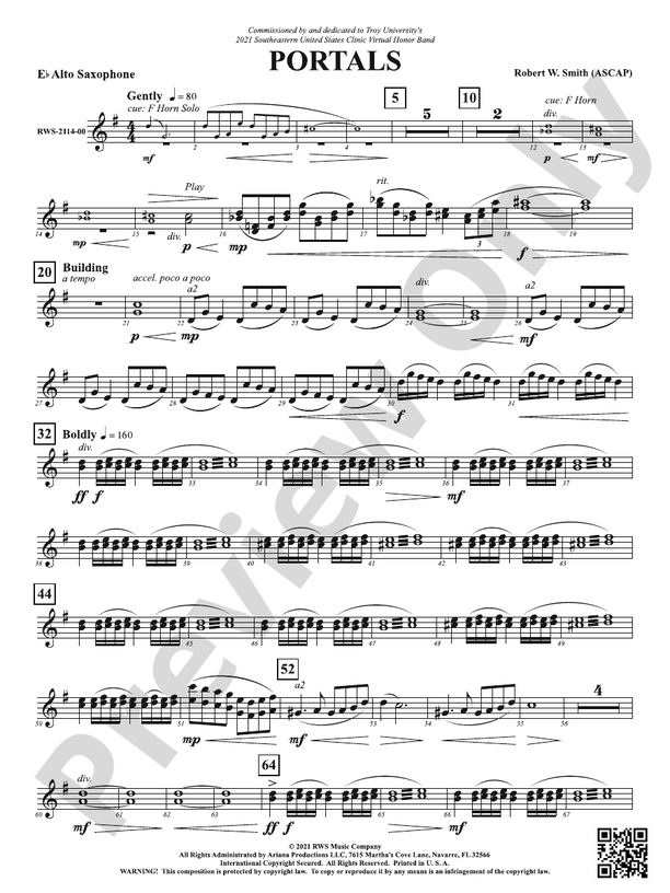 Portals: 1st E-flat Alto Saxophone: 1st E-flat Alto Saxophone Part: Robert W. Smith - Digital ...