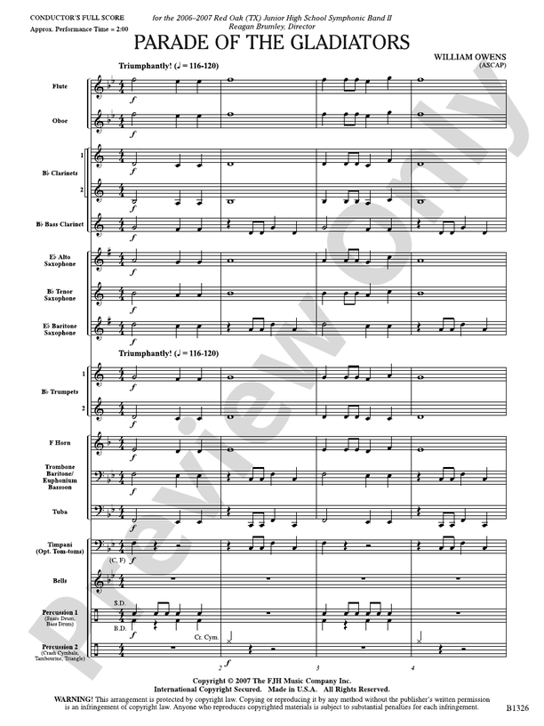 Parade of the Gladiators: Score: Concert Band Score: William Owens - Digital Sheet Music Download