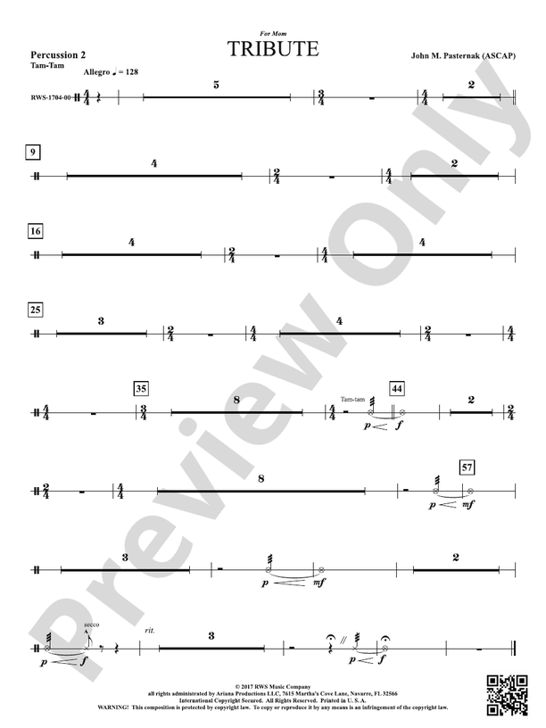 Tribute: 2nd Percussion: 2nd Percussion Part: John M. Pasternak - Digital Sheet Music Download