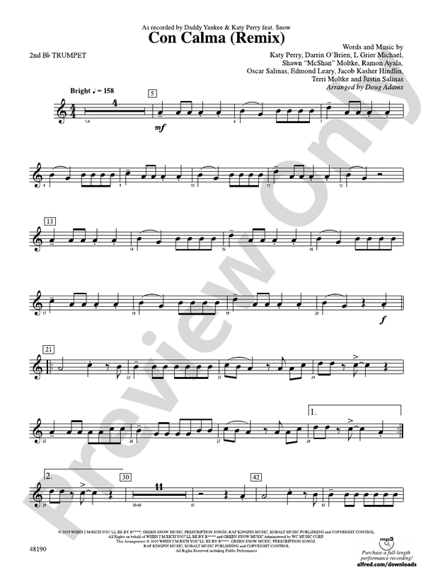 Con Calma (Remix): 2nd B-flat Trumpet: 2nd B-flat Trumpet Part - Digital Sheet Music Download