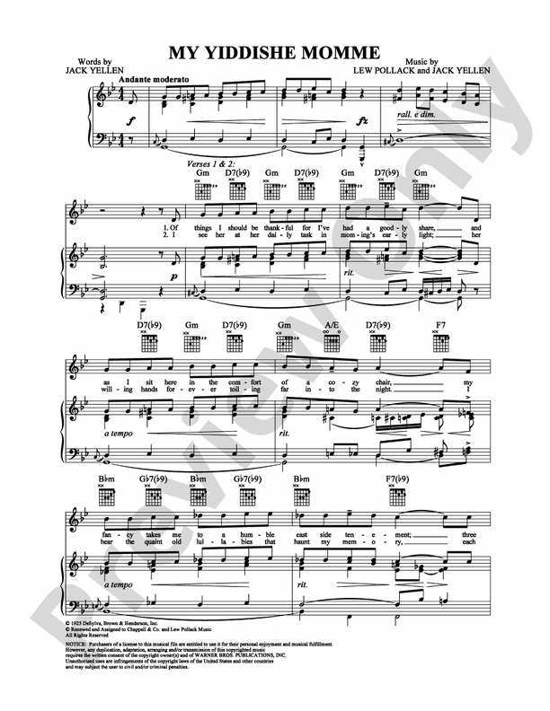 My Yiddishe Momme: Piano/Vocal/Chords: Al Jolson - Digital Sheet Music ...