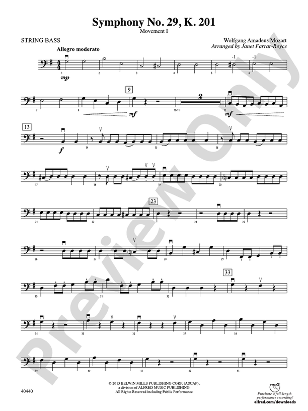 Symphony No. 29, K. 201: String Bass: String Bass Part - Digital Sheet Music Download