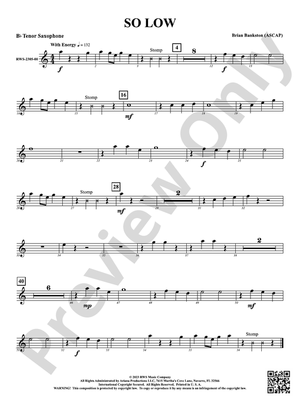 So Low: B-flat Tenor Saxophone: B-flat Tenor Saxophone Part: Brian ...
