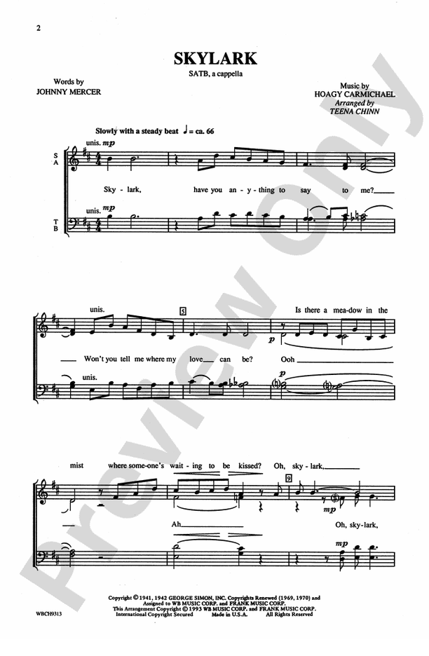 Skylark: SATB, a cappella Choral Octavo: Hoagy Carmichael - Digital Sheet Music Download