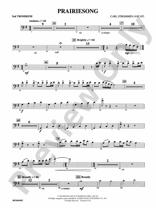 Prairiesong: 2nd Trombone: 2nd Trombone Part - Digital Sheet Music Download
