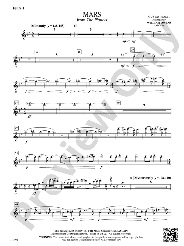 Mars from The Planets: Flute 1: Flute 1 Part: Gustav Holst - Digital ...
